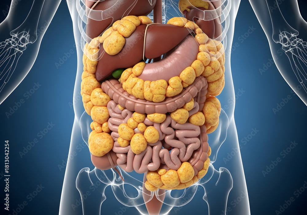 Anatomical illustration of the human digestive system with visceral fat ...