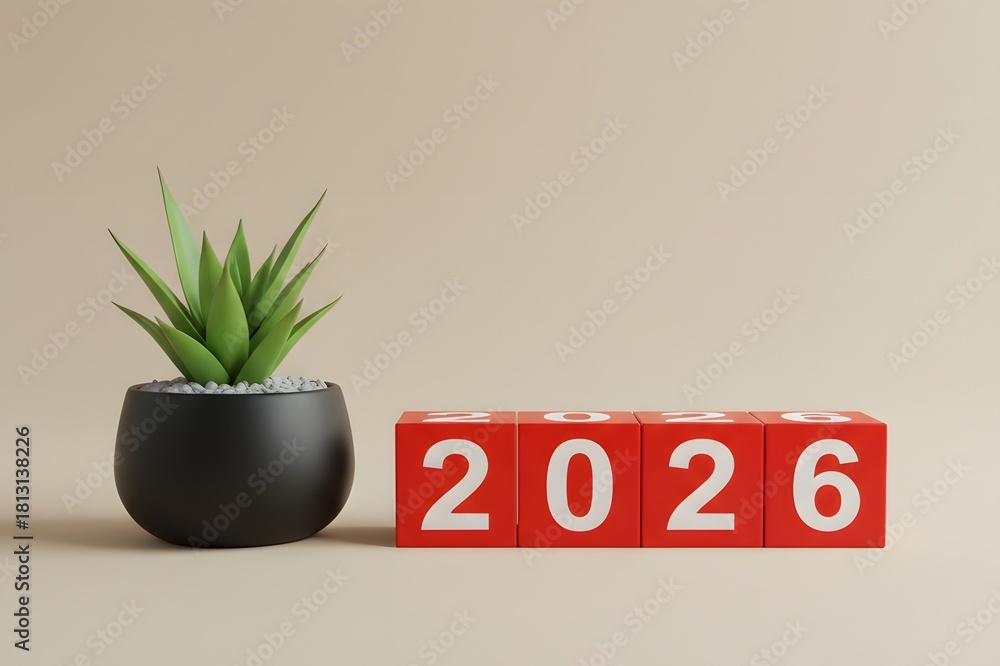 ภาพถ่าย Stock Red blocks "2026" and flower on the table. Beginning of a ...