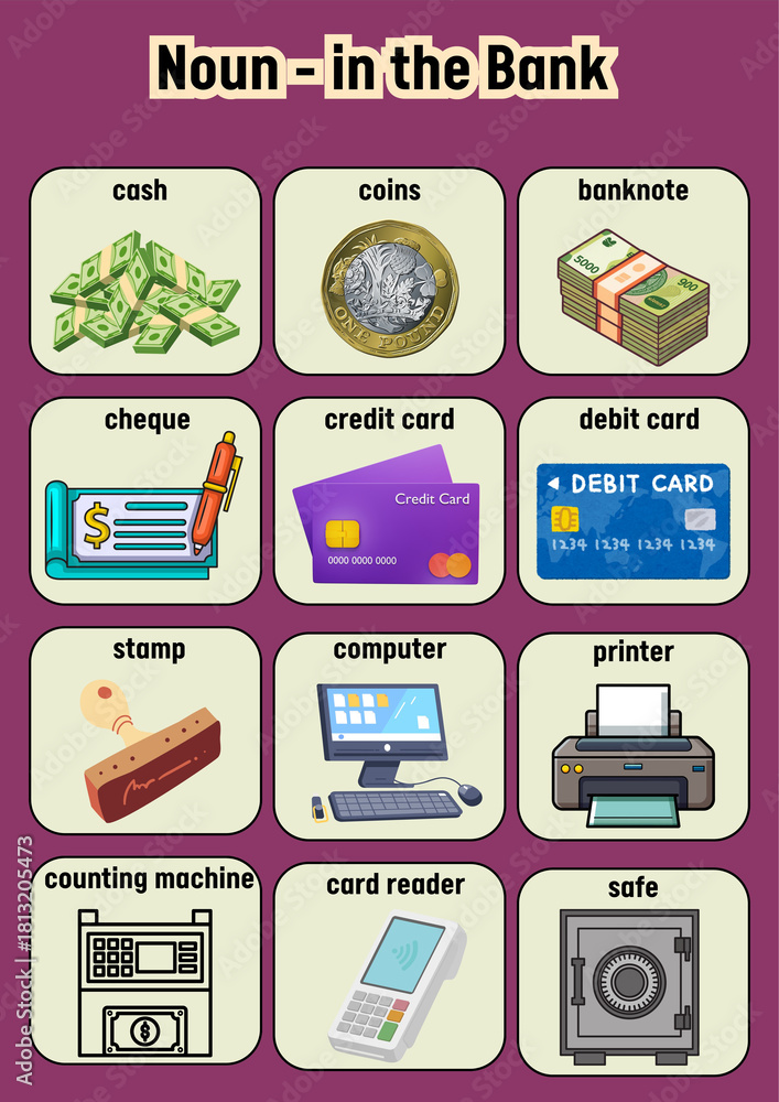 Educational illustration set depicting common financial and banking ...