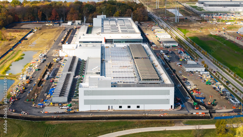 Aerial view of construction of new massive Data center at the suburbs ...