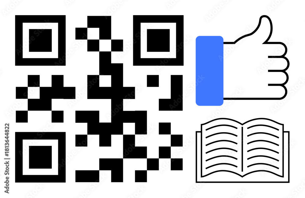 QR code. QR code is alongside a thumbs-up icon and open book symbol. QR ...