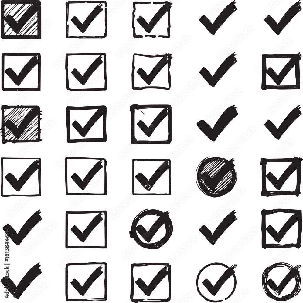 Stockvektorbilden Collection of hand-drawn vector checkmark icons and ...