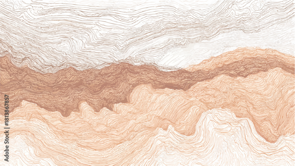 Abstract flowing lines forming layered landscape in muted earth tones ...