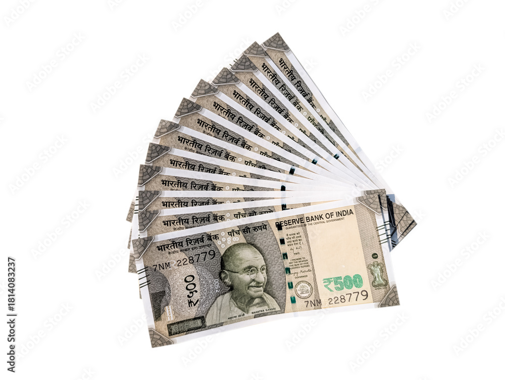 five hundreds indian currency bank notes. indian rupee money on ...