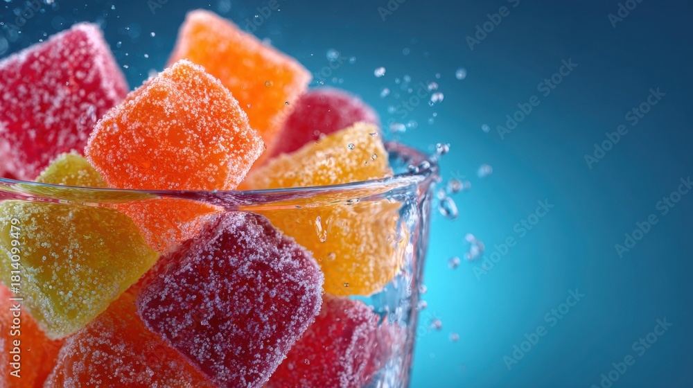 Colorful gummy candies fill a clear glass with water droplets clinging ...