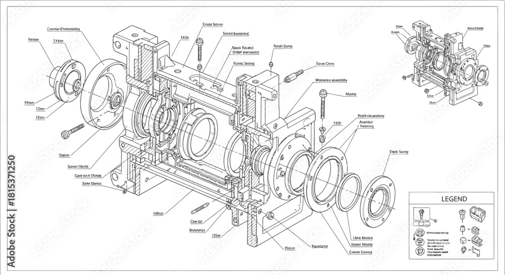 Exploded view technical drawing of a complex mechanical assembly with ...
