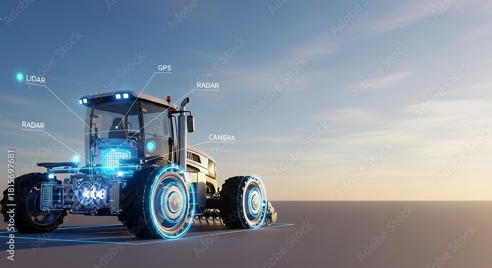Smart autonomous tractor with advanced GPS, radar, and lidar technology ...