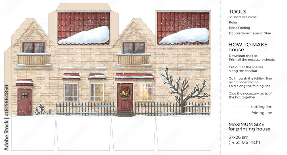 Kids craft winter paper house. Cut and glue cartoon winter toy house ...