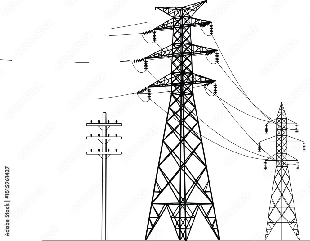 Electricity pylons and utility poles vector, power lines illustration ...