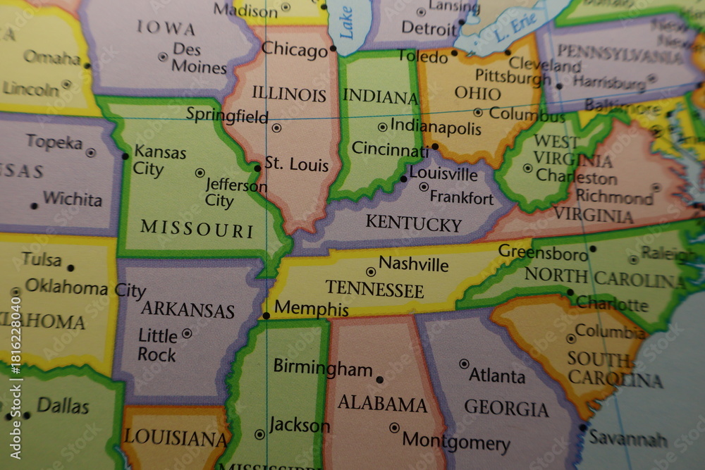 Midwest USA Political Map Close-up: Illinois, Indiana, Ohio, Missouri ...