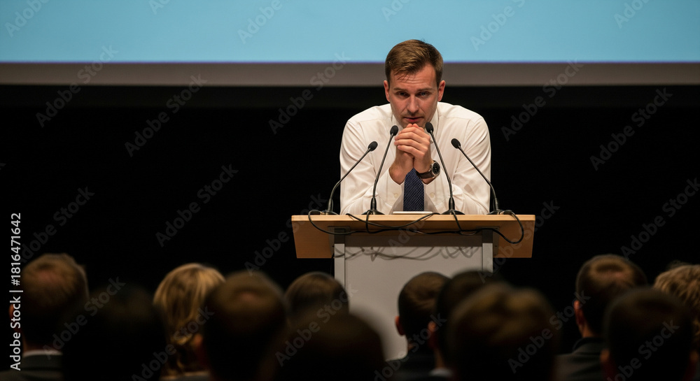 Nervous shy male lecturer stands behind podium with microphones to ...