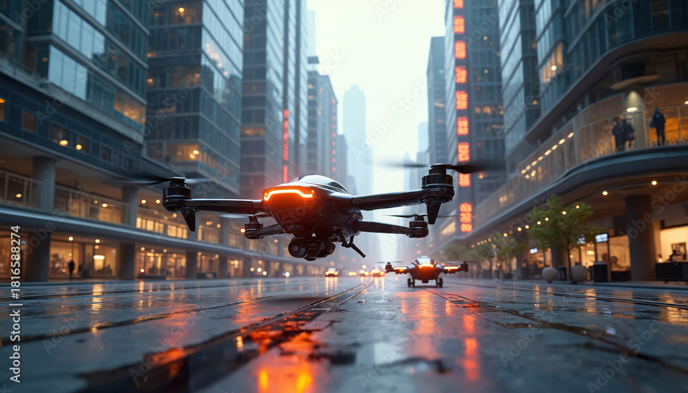 Autonomous drone taxis fly above wet road in futuristic city. Modern ...