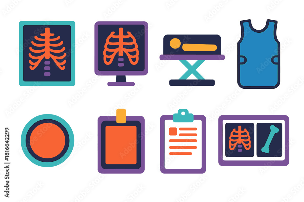 Modern X-ray Icons. X-ray objects flat icon set: x-ray sheet, imaging ...