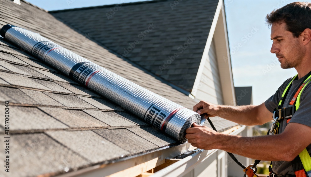Worker installs sturdy ice barrier material beneath shingles on a ...
