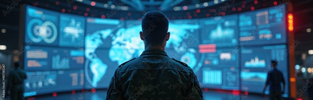Military officer studies world map data on large screen monitors ...