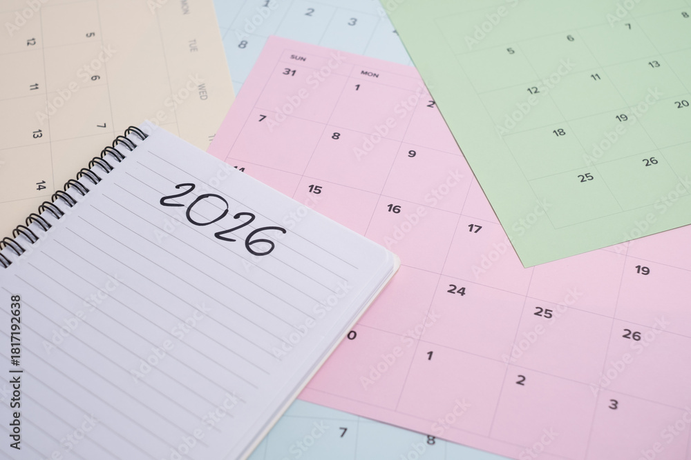 2026 annual planning. Notebook and pastel calendars for strategic goal ...