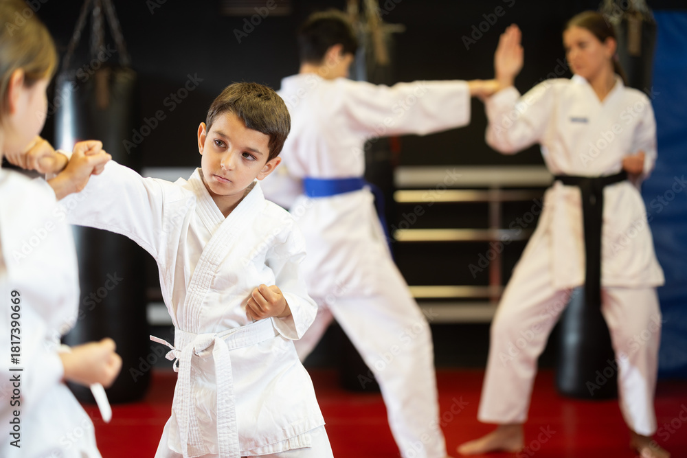 Children in kimonos at martial arts classes. Group judo training for ...