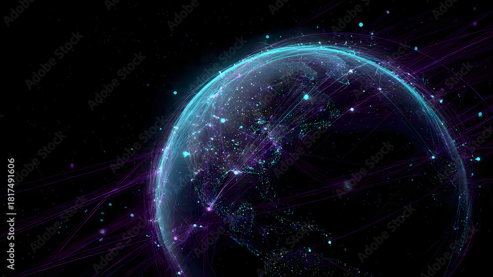 Spectacular abstract rendering of Earth as a digital node within a vast ...