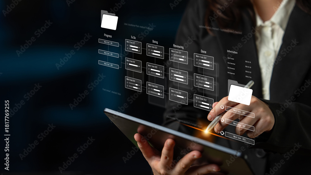 Project management system showing workflow stages, task progress, and ...