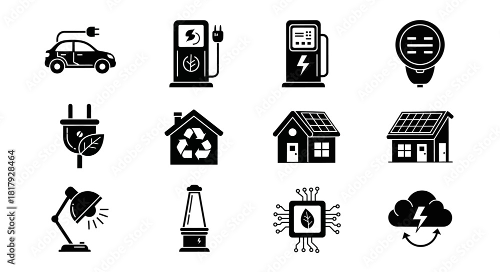 A versatile set of solid glyph icons representing green energy concepts ...