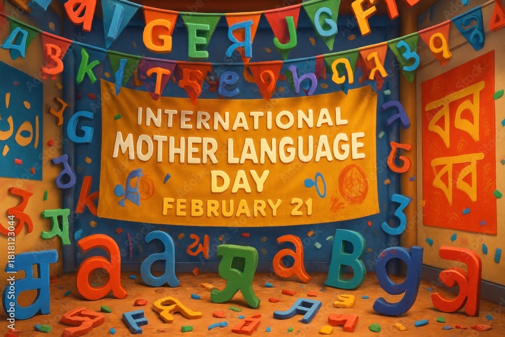 Colorful classroom celebrates Mother Language Day with banners, letters, and confetti Stock ...