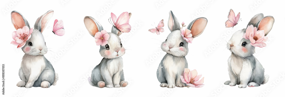 Watercolor set of cute rabbits with butterflies and flowers. Fluffy ...