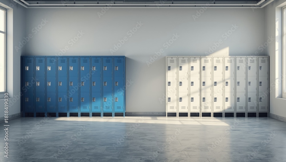 Stock-Foto „Large blue lockers and small white lockers in a locker room ...