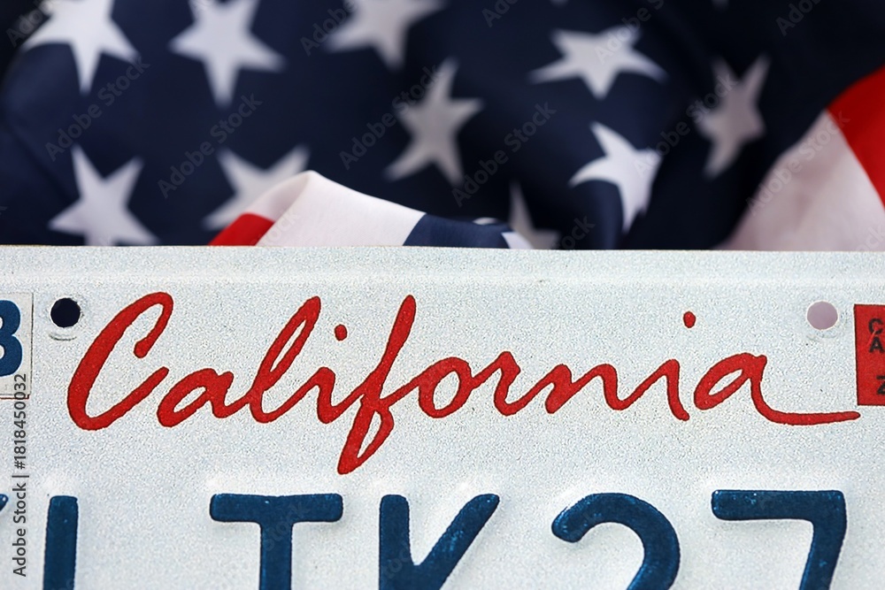 USA state of California license plate on US flag. Concept of driving in ...