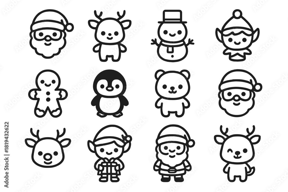 Kawaii Christmas Icons. Kawaii Christmas characters. Line outline icon ...