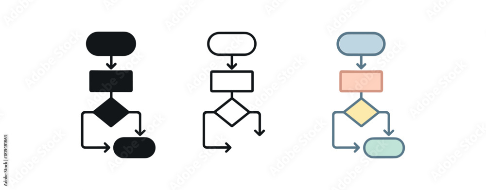 algorithm flowchart icons three minimal and arrow flowchart icons one ...