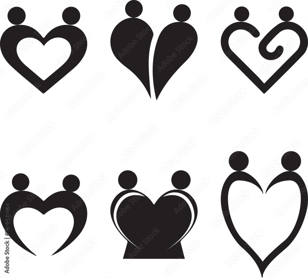 Love Heart Icons with People Figures - Romantic Relationship Symbol Set ...