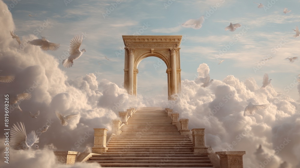 Stairway to Heaven illustration with arch and white dove bird on fluffy ...