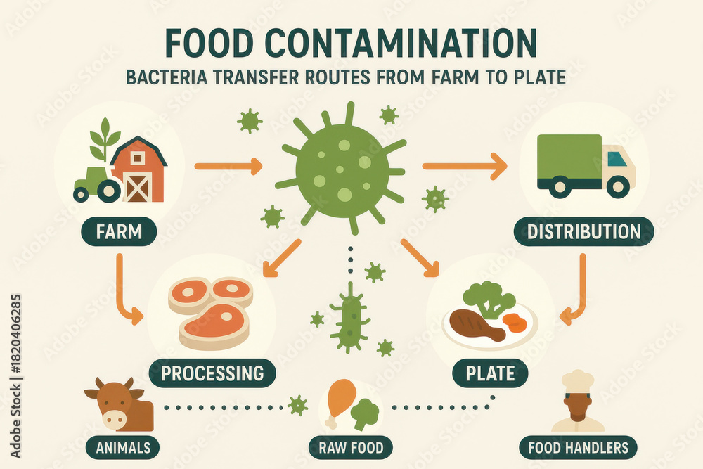 Concerning food contamination infographic explaining bacteria transfer ...
