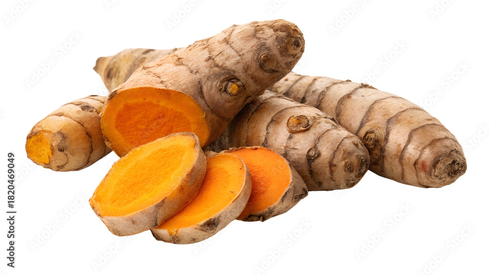 Fresh Raw Turmeric Root Rhizomes with Bright Orange Sliced Cross ...