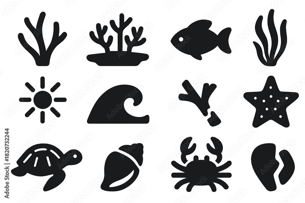 Coral Bleaching Icons. Solid style icons of Coral Bleaching: White ...