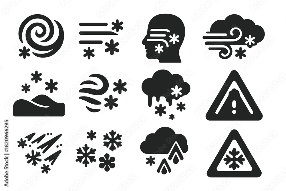 Winter Weather Icons. Solid style icons of blizzards and snowstorms ...