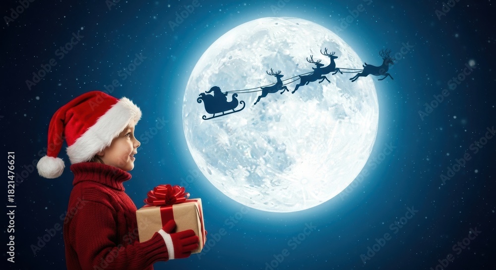 Foto de Stock Child with Christmas Gift Watching Santas Sleigh Fly By ...