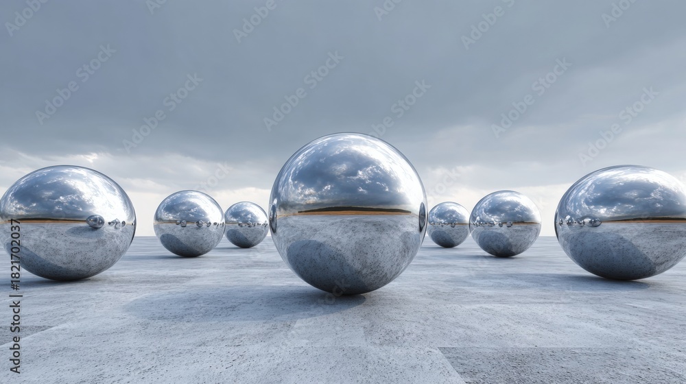 Foto Group of nine spherical objects arranged in a line on a concrete ...