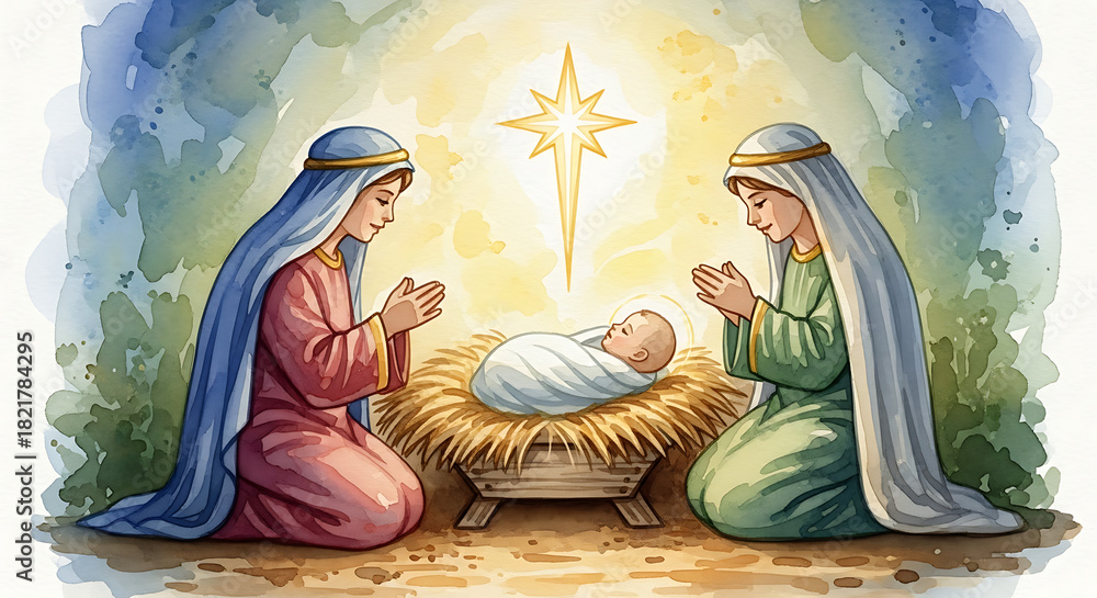 Ilustrace Nativity scene featuring Mary and baby Jesus in manger ...