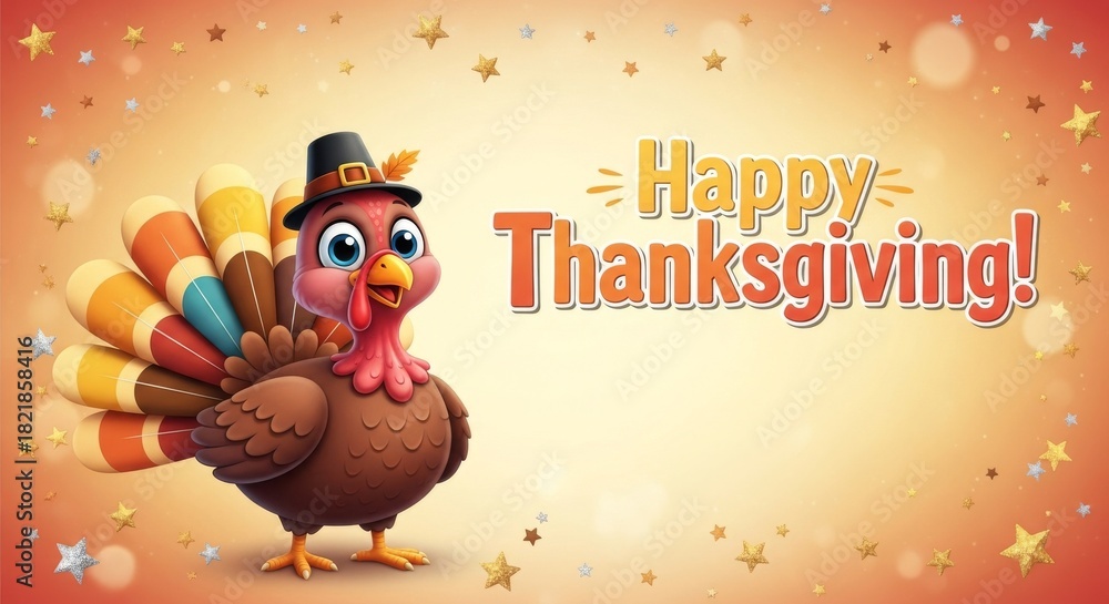 A cheerful cartoon turkey wearing a pilgrim hat wishes everyone a Happy ...