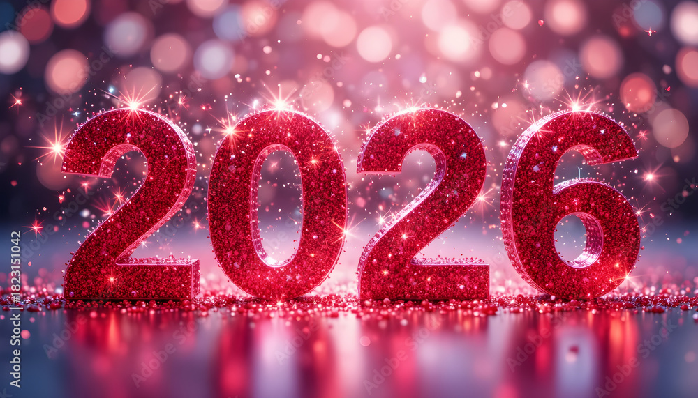 Sparkling 2026. Glittery red numbers display 2026 with starry accents ...