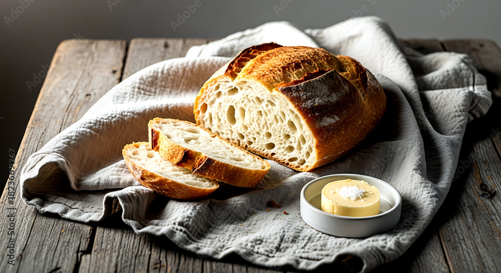 Minimalist, rustic farmhouse style of a fresh pain de campagne loaf ...