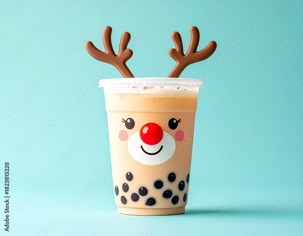 Adorable Christmas reindeer bubble tea with tapioca pearls. A creative ...