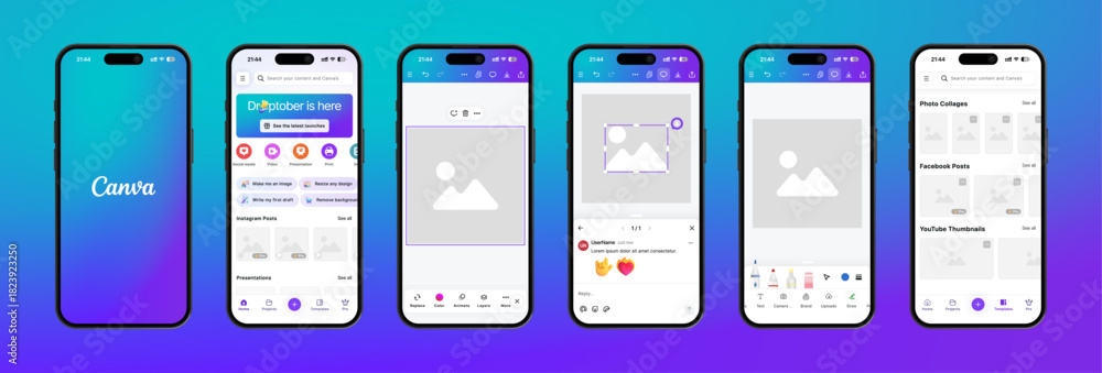 เวกเตอร์ Stock Canva mobile app UI design 2026 with splash screen, main ...