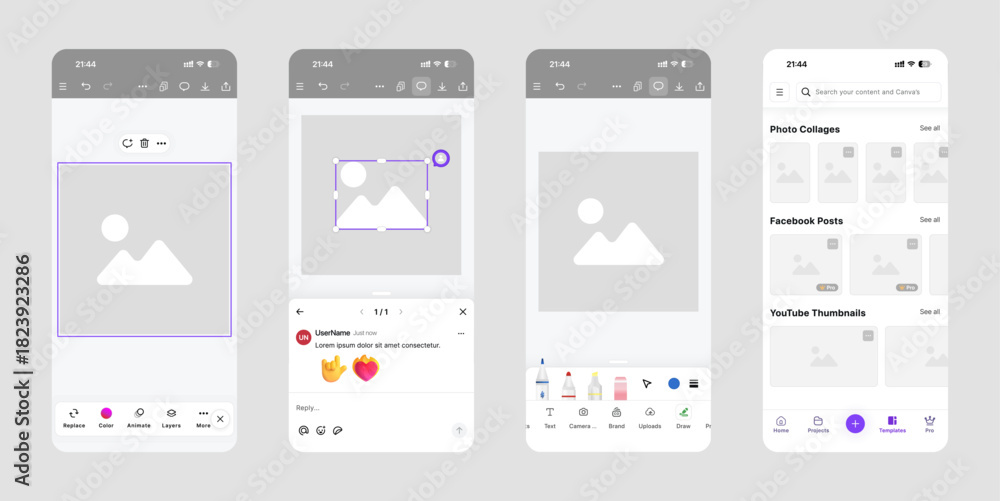 Canva mobile app UI design 2026 with splash, main page, photo edit ...