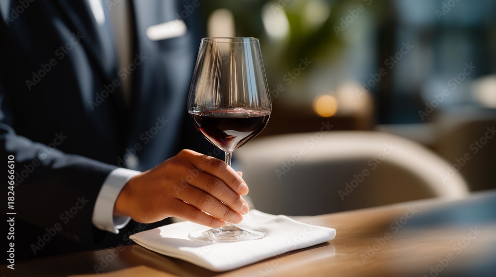 A sommelier examining the color of a ruby-red wine against a white ...