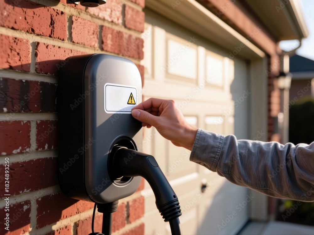 Foto de Stock Hand applying safety warning sticker to wall-mounted ...