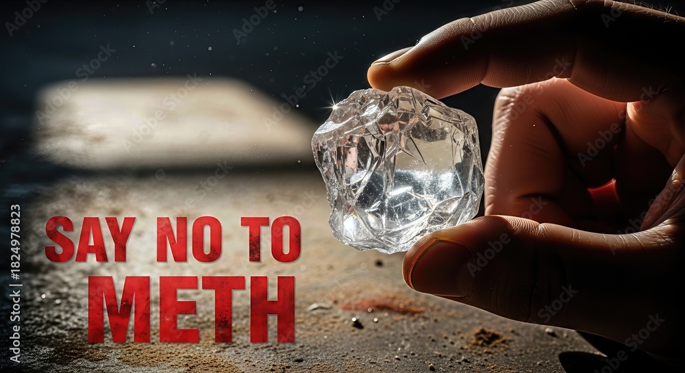 National Meth Awareness Day. A hand presents crystal meth, showing the ...