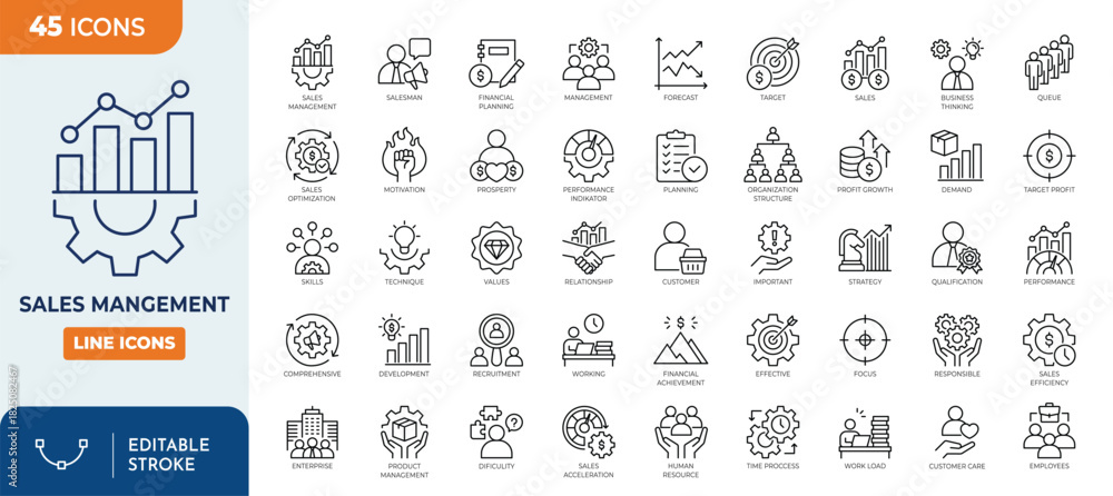 Sales management line editable icon set. Contain icons related to CRM ...