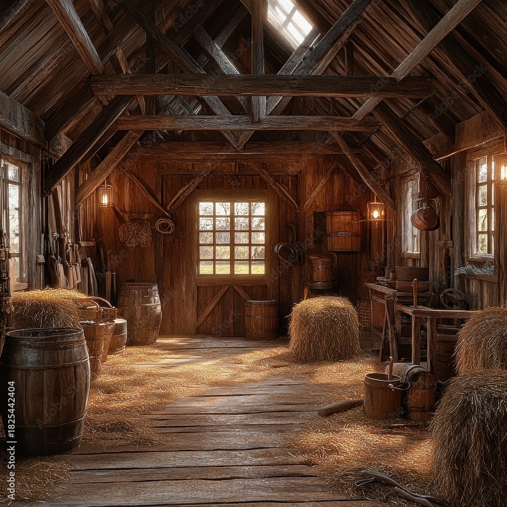 Warm sunlit rustic wooden barn interior with exposed rafters, hay bales ...